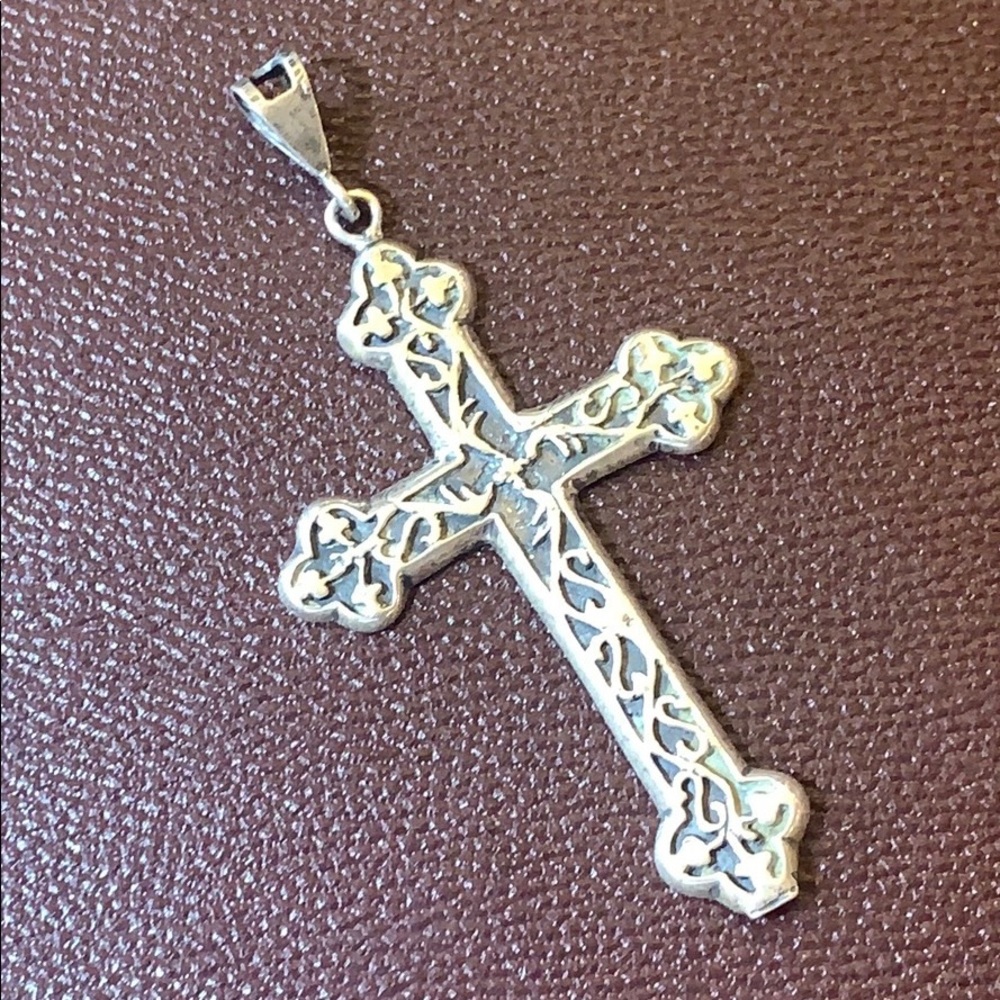 Signed Nf 925 Silver Filigree Cross Pendant - Gem